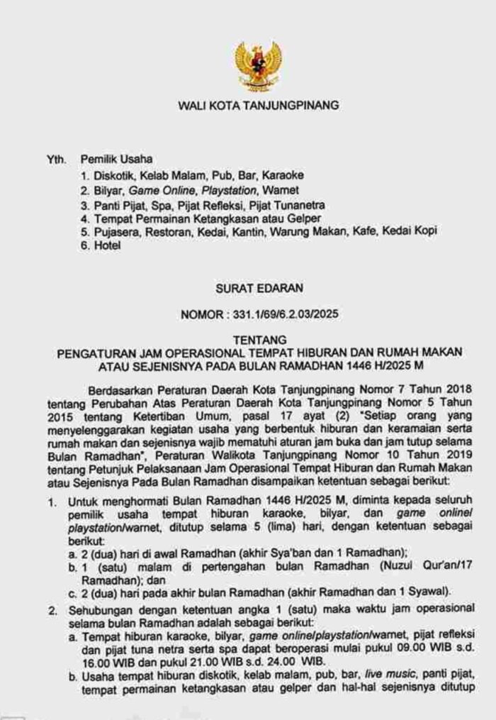 Pemko Tanjungpinang Atur Jam Operasional Tempat Hiburan dan Rumah Makan Selama Ramadan - Portal ...